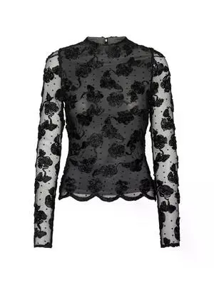 ROTATE BY BIRGER CHRISTENSEN Sheer Floral Appliqué High Neck Long Sleeve Top - Black