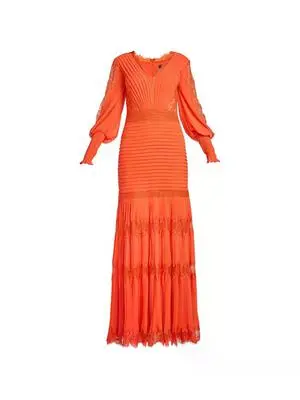 Tadashi Shoji Nyssa Lace-panelled Pintuck-pleat Maxi Dress - Orange
