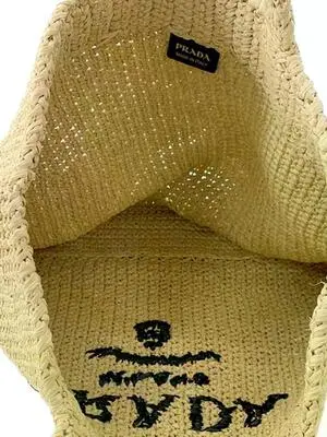 Prada 2013-2026 Large Raffia Effect Crochet Embroidered Logo Tote Bag