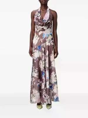 HANITA Floral Print Halterneck Maxi Dress - Brown