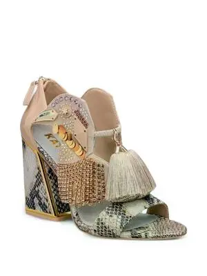 KAT MACONIE Embellished Snakeskin-effect Block Heel Sandals - Neutrals