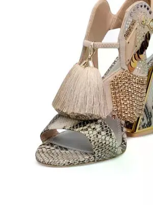 KAT MACONIE Embellished Snakeskin-effect Block Heel Sandals - Neutrals