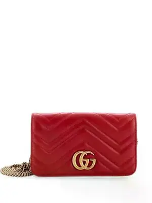Gucci Gg Marmont Chain Flap Bag Matelasse Leather Mini Crossbody Bag - Red