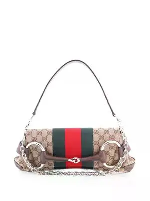 Gucci Horsebit Nm Web Chain Clutch Gg Canvas Medium Shoulder Bag - Brown