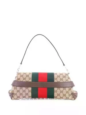 Gucci Horsebit Web Chain Clutch Gg Canvas Medium Shoulder Bag - Brown