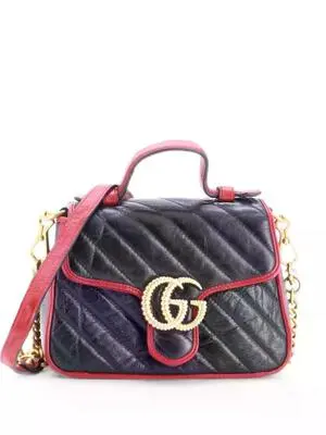 Gucci Gg Marmont Top Handle Flap Bag Diagonal Quilted Leather Mini Satchel - Black