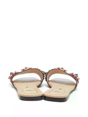 Fendi Flowerland Leather Slide Sandals - Blue