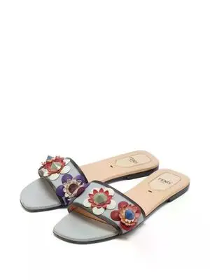 Fendi Flowerland Leather Slide Sandals - Blue