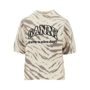GANNI Short-sleeved Wool-blend Knit Top With Zebra-striped Motif