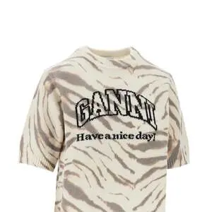 GANNI Short-sleeved Wool-blend Knit Top With Zebra-striped Motif