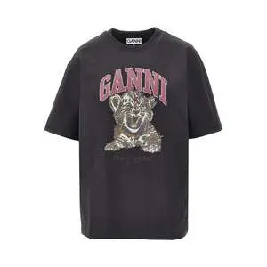 GANNI Cotton T-shirt With 'tiger' Print - Black