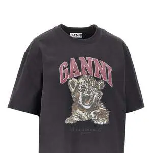 GANNI Organic Cotton Tiger Print T-shirt With Beaded Embellishments - Black
