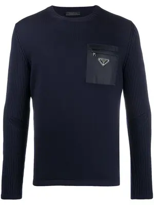 Prada Wool Crew Neck Sweater With Pocket Detail