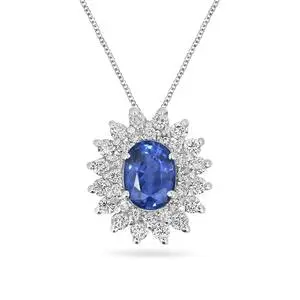 ARTISAN White / Blue Oval Blue Sapphire & Diamond Floral Halo Pendant In 18k White Gold - White/blue