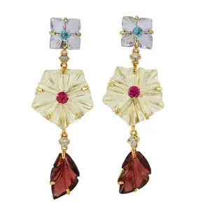 ARTISAN Carved Multi Gemstone Floral Drop Earrings In 18k Gold - Yellow