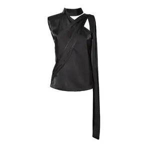 JULIA ALLERT Asymmetrical Satin Top With Choker Collar - Black