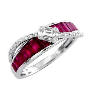 ARTISAN White / Red Ruby & Diamond Crossover Band Ring In 18k White Gold