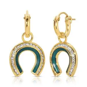GLAMROCKS JEWELRY Good Fortune" Horseshoe Hoop Earrings With Teal Enamel And Cubic Zirconia - Gold