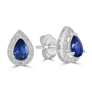 ARTISAN White / Blue Pear-shaped Blue Sapphire & Diamond Halo Stud Earrings In 18k White Gold - White/blue