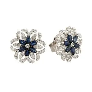 ARTISAN White / Blue Blue Sapphire Floral Diamond Stud Earrings In 18k White Gold - White/blue