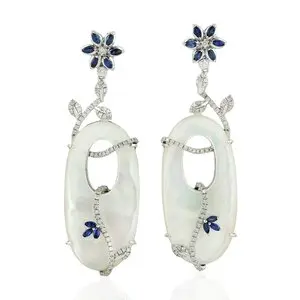 ARTISAN Mother Of Pearl, Sapphire, And Diamond Floral Drop Earrings In 18k White Gold - Blue/white