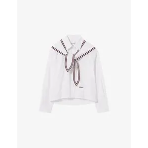 Claudie Pierlot Scarf-detail Brand-embroidered Cotton-poplin Shirt - Ecru