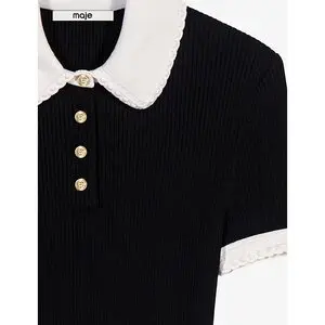Maje Short-sleeved Ribbed Knitted Polo Shirt