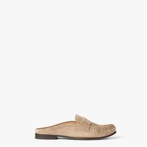 Fendi Suede Moccasin Sabots With Metal Logo Detailing - Beige