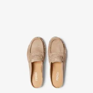 Fendi Suede Moccasin Sabots With Metal Logo Detailing - Beige