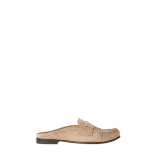 Fendi Suede Moccasin Sabots With Metal Logo Detailing - Beige