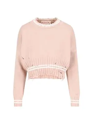 Marni Ribbed Distressed Cotton Sweater With Contrast Trim - Pink