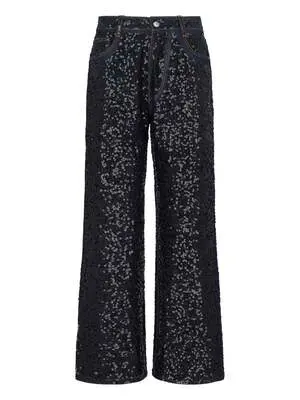 PAROSH Sequin Wide Leg Jeans - Black