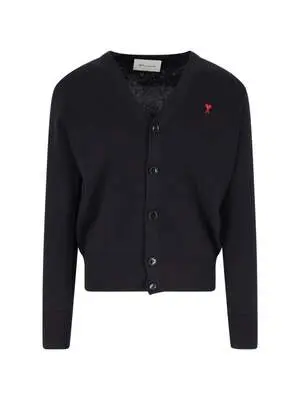 AMI Paris Embroidered 100% Wool Cardigan With Horn Buttons