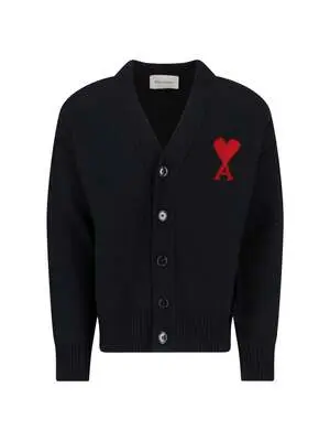 AMI Paris 100% Wool Buttoned Cardigan With Horn Buttons - Black