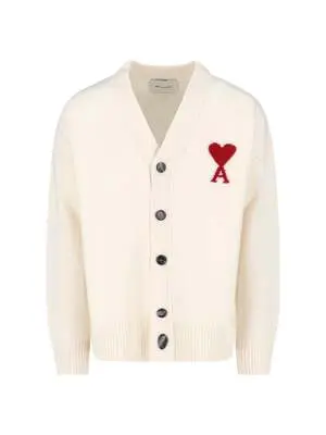 AMI Paris 100% Wool Buttoned Cardigan With Horn Buttons - Cream