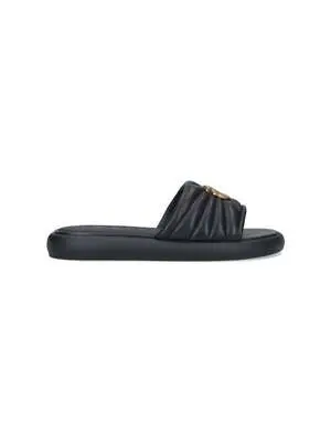 Pinko Leather Padded Slide Sandals With Logo Detail - Black