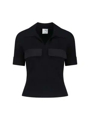 COURREGES Ribbed Knit Polo T-shirt With Pocket Detail - Black