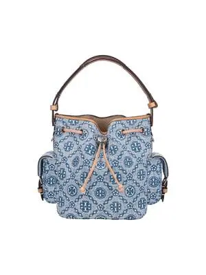 Tory Burch Monogrammed Cotton-blend Drawstring Bucket Bag With Leather Trim - Blue