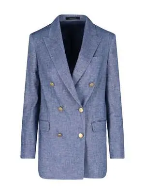 Tagliatore Double-breasted Linen-blend Stretch Jacket With Notch Lapel - Blue