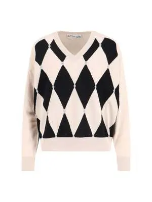 BALLANTYNE Argyle V-neck Cashmere Sweater - Beige