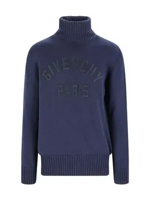 Givenchy Turtleneck Sweater In Cotton With Paris Embroidery - Blue