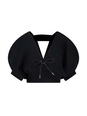 Sacai Cotton-cashmere Blend Sweater With Paneled Design And Tie Detail - Black