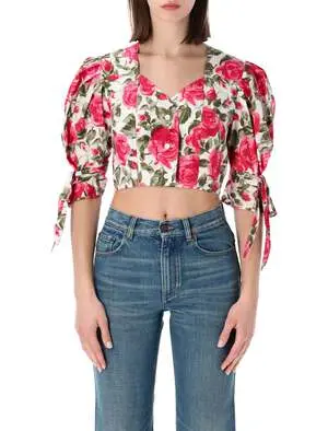 Chloé Puff Sleeve V-neck Cropped Cotton Poplin Top With Floral Print - Pink