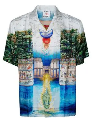 Casablanca Sporty Floral Stripe Silk Shirt With Cuban Collar - Multicolor