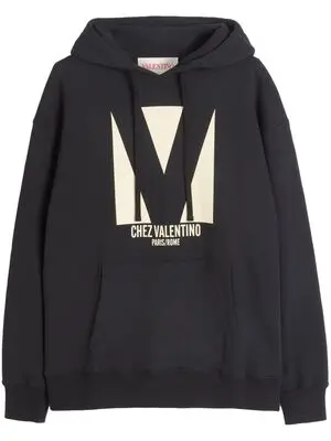 Valentino Garavani Cotton Drawstring Hood Chez Print Hoodie - Black