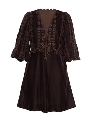 ROSE & NANCY Drew Chocolate Embroidered Velvet Tie Front Dress