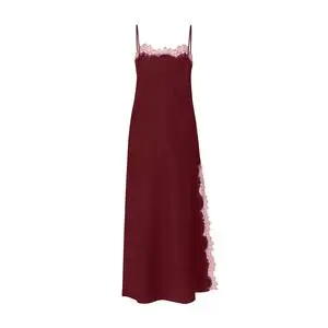 AVENUE 8 Lace Detailed Straight Neck Midi Dress With Slit Burgundy - Red