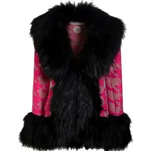 THE EXTREME COLLECTION Black / Pink Fur-effect Houndstooth Print Coat Paule - Black/pink