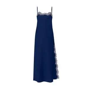 AVENUE 8 Lace Detailed Straight Neck Midi Dress With Slit Navy - Blue
