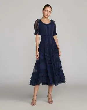 Mac Duggal Petite Short Sleeve Micro Ruffle Midi Dress - Navy